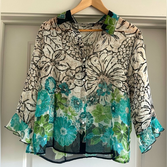NICOLA | Tops | Neutral Sheer Floral Blouse With Pops Of Blue And Green ...